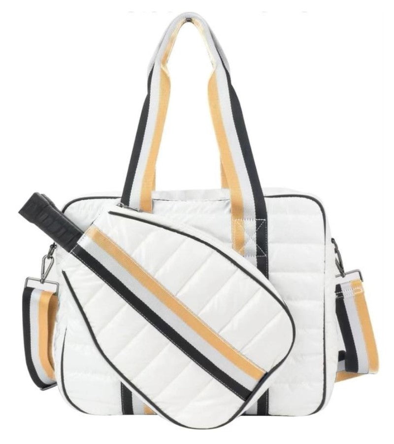 Designer Puffer Pickleball Tote Bag - White Black Bronze